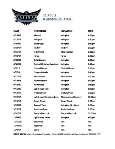 VOLLEYBALL_Game_Schedule_2017-18 - Irvington Community Schools